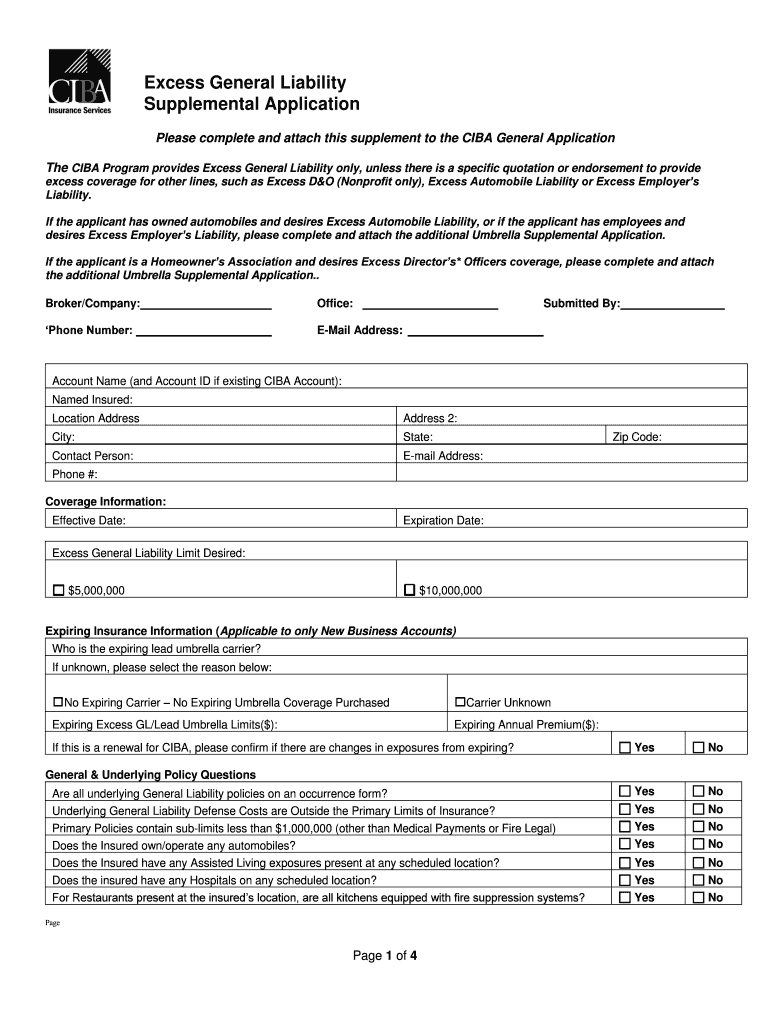 Fillable Online Excess General Liability Supplemental Application Fax ...
