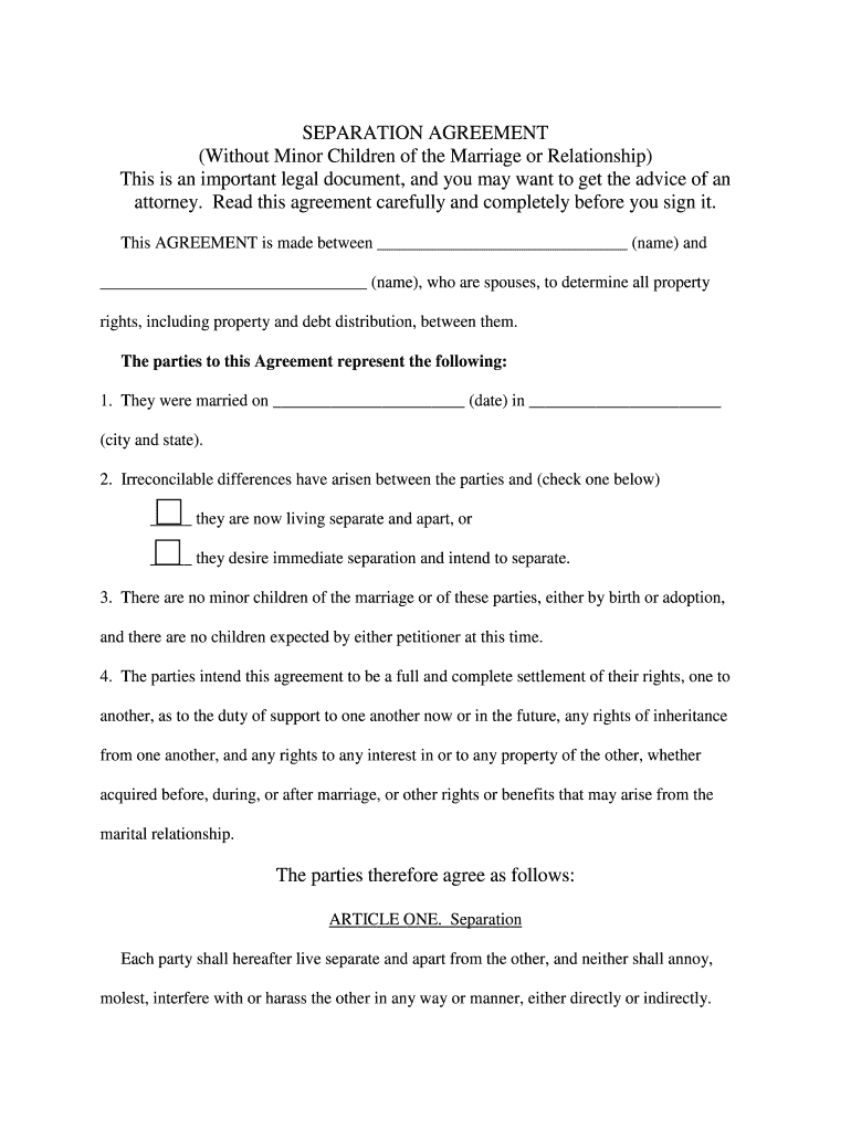 Fillable Online SEPARATION AGREEMENT: Fax Email Print - pdfFiller