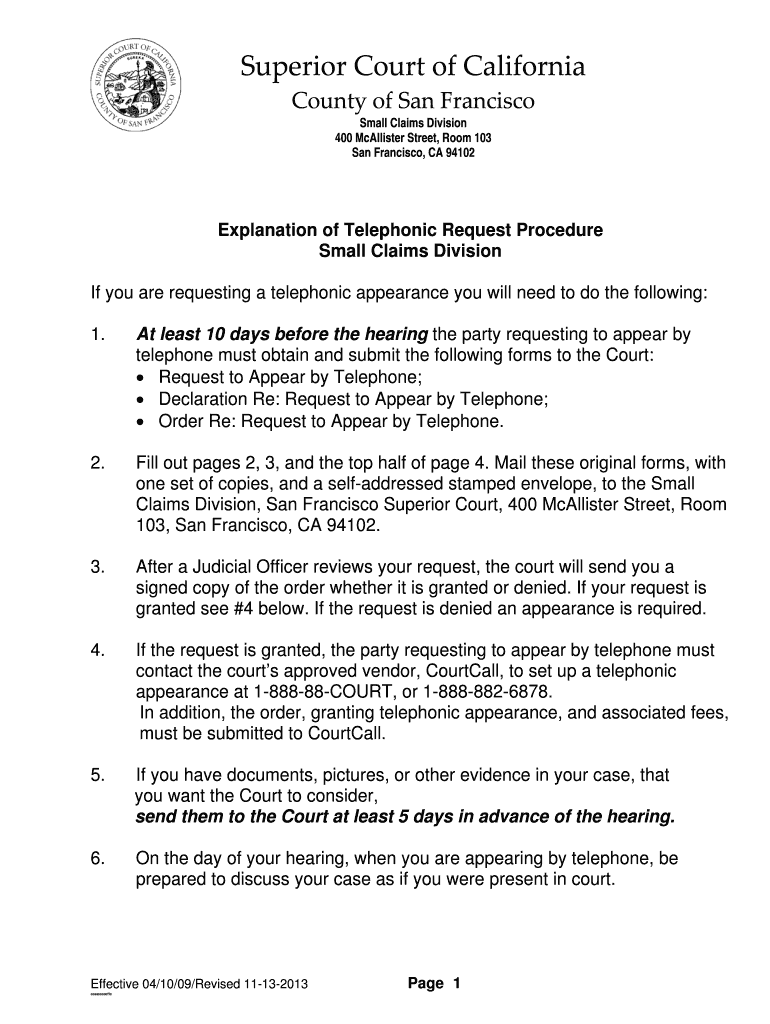 Fillable Online Small Claims Telephonic Appearance Package - San ...