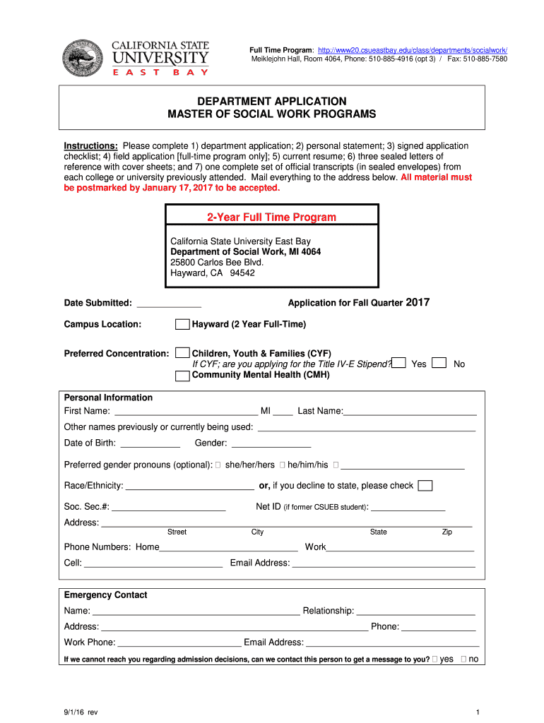Fillable Online APPLICATION FORM FOR THE MASTER OF SOCIAL WORK DEGREE ...