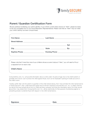 Fillable Online Parent / Guardian Certification Form - FamilySecure.com ...