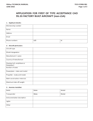 Fillable Online APPLICATION FOR FIRST OF TYPE ACCEPTANCE CAO 95.55 ...