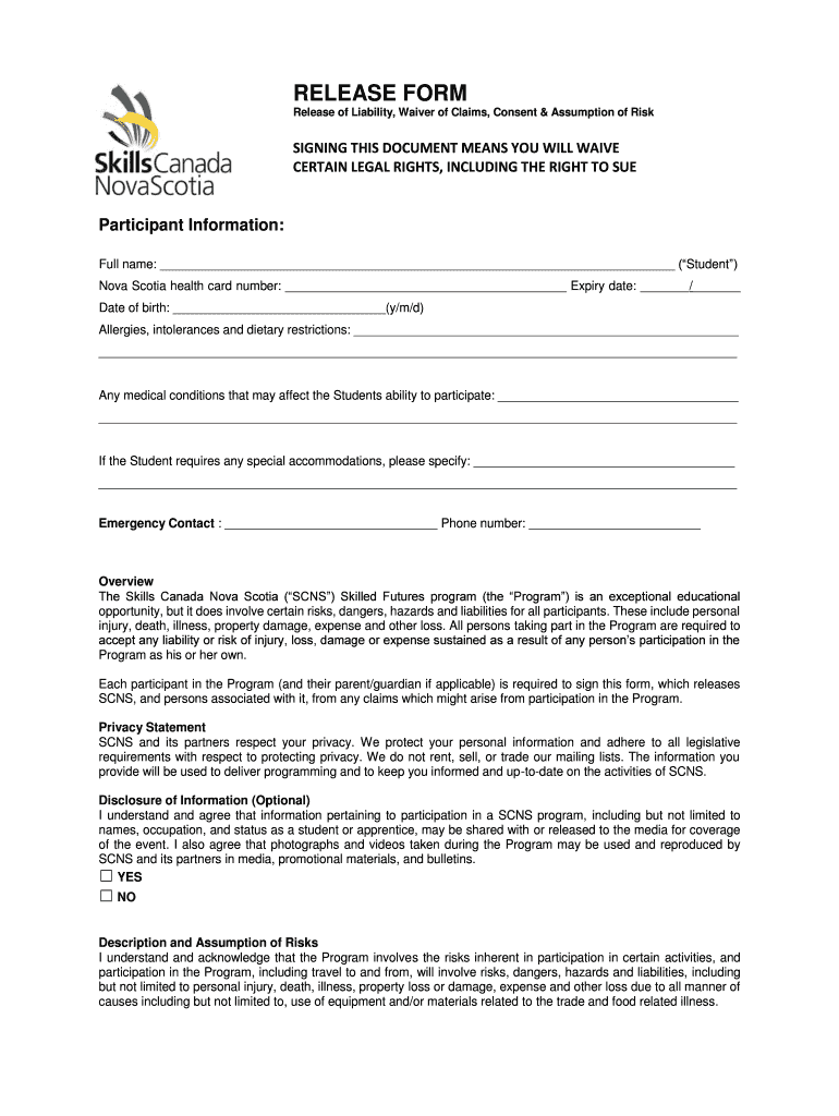 Fillable Online RELEASE FORM - Skills Canada Nova Scotia Fax Email ...