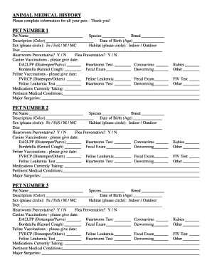 Fillable Online animal medical history pet number 1 pet number 2 pet ...