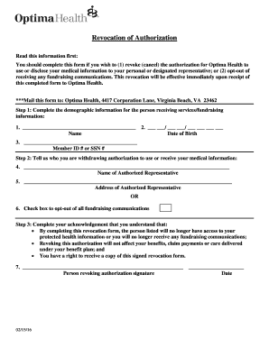 Fillable Online Revocation of Authorization Optima Health. Revocation of Authorization Optima ...