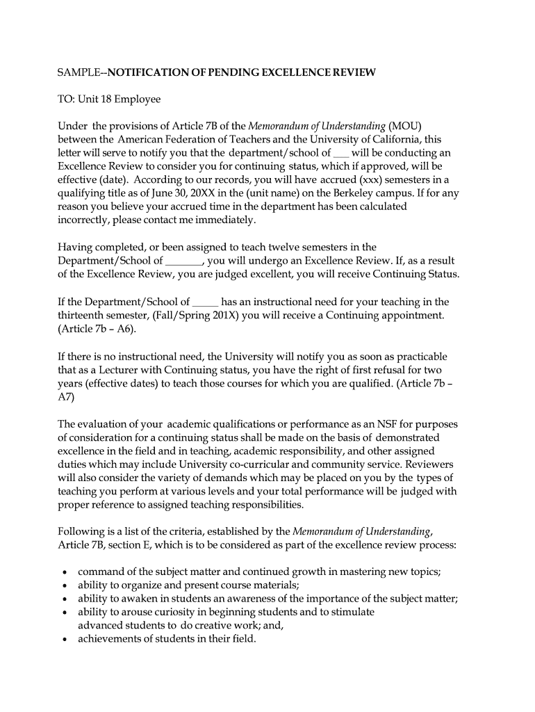 Fillable Online SAMPLE--NOTIFICATION OF PENDING EXCELLENCE REVIEW Fax ...