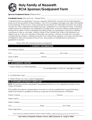 Fillable Online Holy Family of Nazareth RCIA Sponsor/Godparent Form Fax ...
