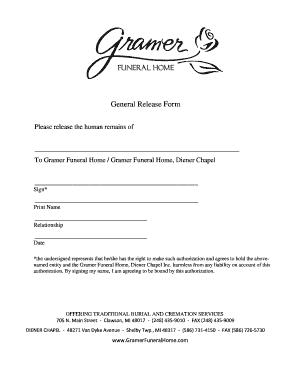 Fillable Online General Release Form - Gramer Funeral Home Fax Email ...
