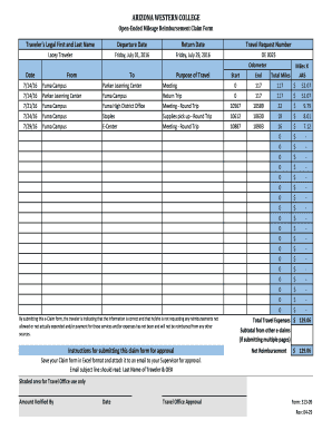 Fillable Online OE Mileage Claim Form - Arizona Western College Fax ...