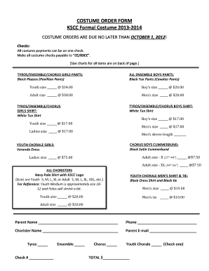 Fillable Online COSTUME ORDER FORM KSCC Formal Costume 2013-2014 Fax ...