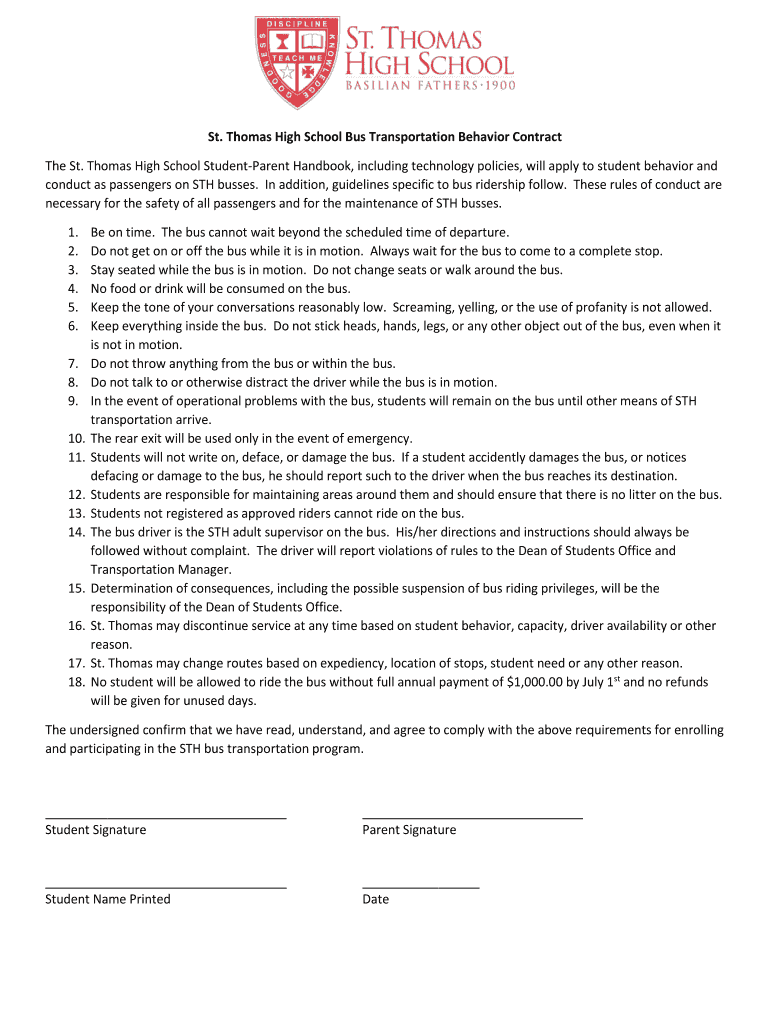 Fillable Online St. Thomas High School Bus Transportation Behavior ...
