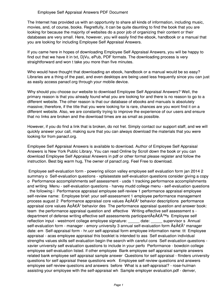 Fillable Online Employee Self Appraisal Answers PDF 