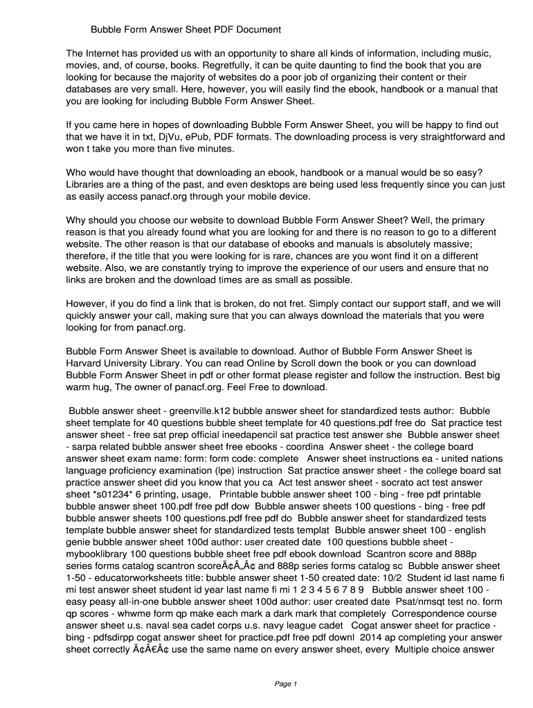 Fillable Online Bubble Form Answer Sheet PDF ...