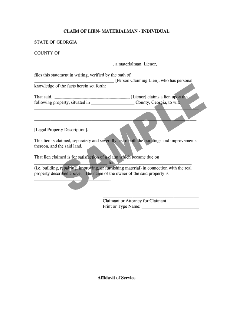 Fillable Online CLAIM OF LIEN- MATERIALMAN - INDIVIDUAL STATE OF ...