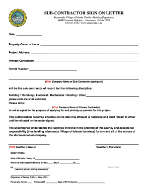 Fillable Online SUB-CONTRACTOR SIGN ON LETTER - Islamorada, Village of ...