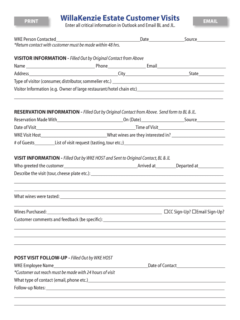 Fillable Online WillaKenzie Estate Customer Visits Fax Email Print ...