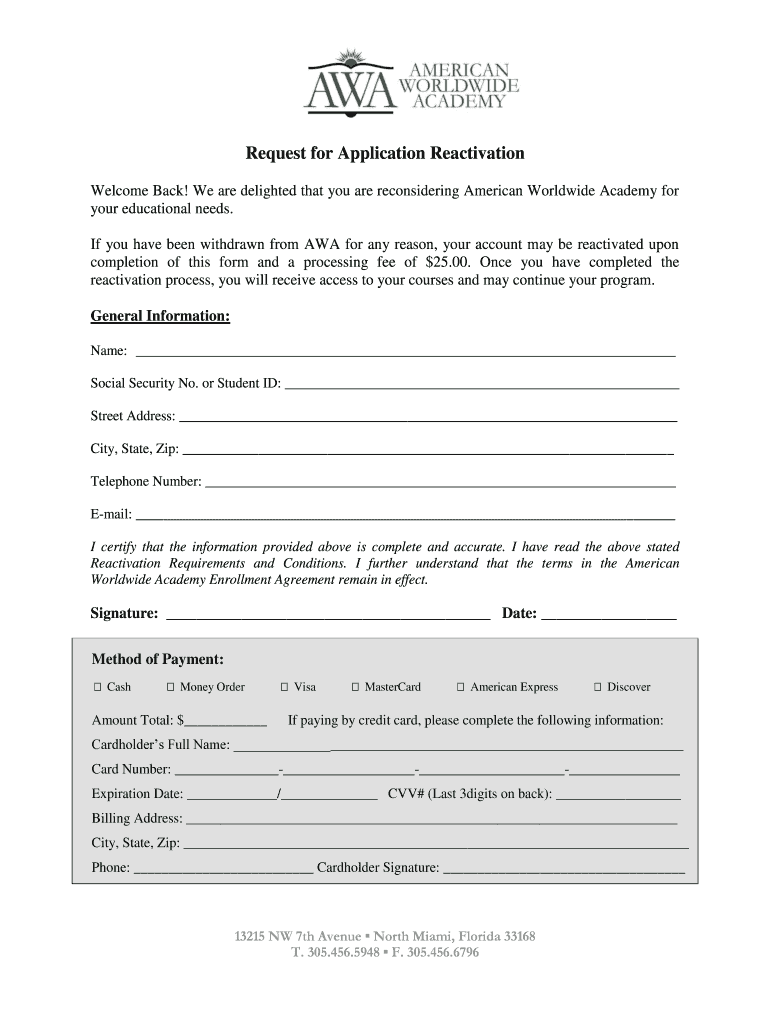 Fillable Online Reactivation - American Worldwide Academy Fax Email Print - pdfFiller