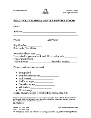 Fillable Online Beach Club Marina winter service form Fax Email Print - pdfFiller