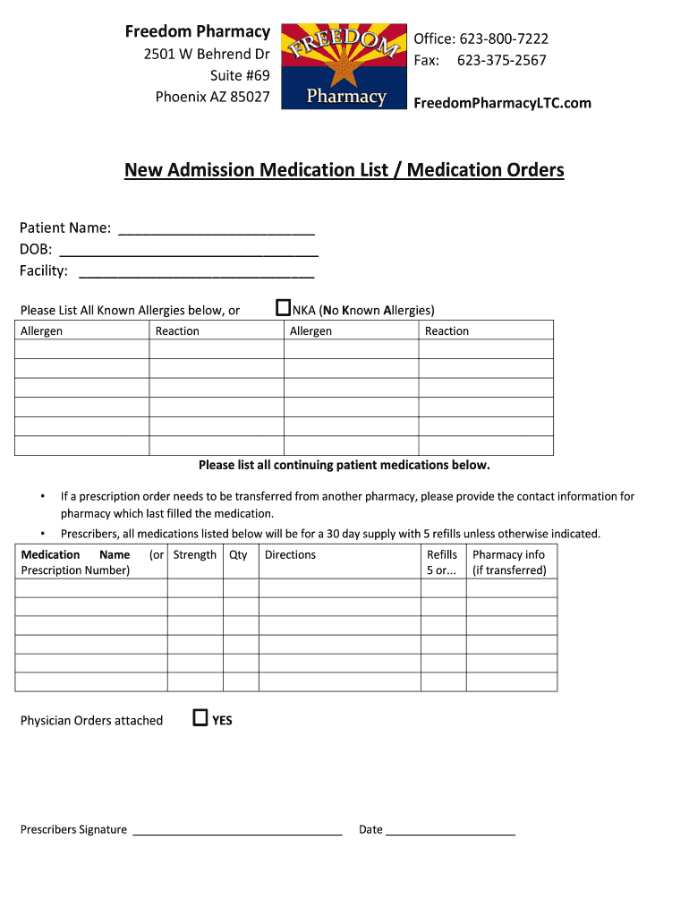 Fillable Online New Admission Medication List / Medication Orders Fax ...