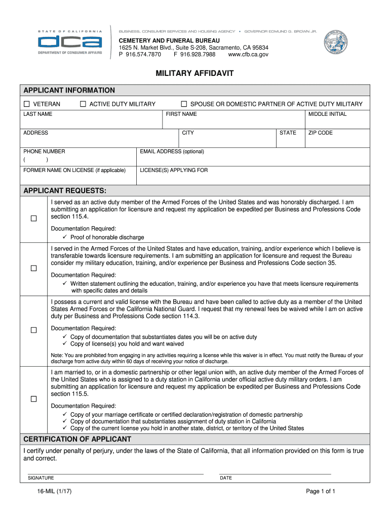 Fillable Online Military Affidavit - Cemetery and Funeral Bureau - CA ...