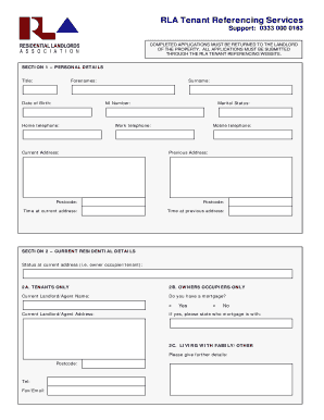 Fillable Online Application Form - RLA Tenant Referencing Fax Email ...