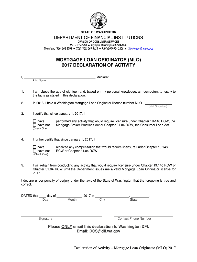 Fillable Online Mortgage Loan Orginator 2017 Declaration of Activity ...