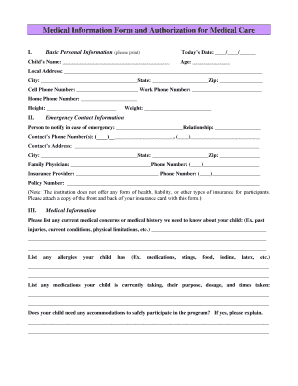 Fillable Online Medical Information Form and Authorization for Medical ...