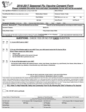 Fillable Online 2016-2017 Seasonal Flu Vaccine Consent Form Please ...