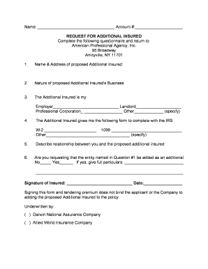 Fillable Online Additional Insured Request - American Professional ...