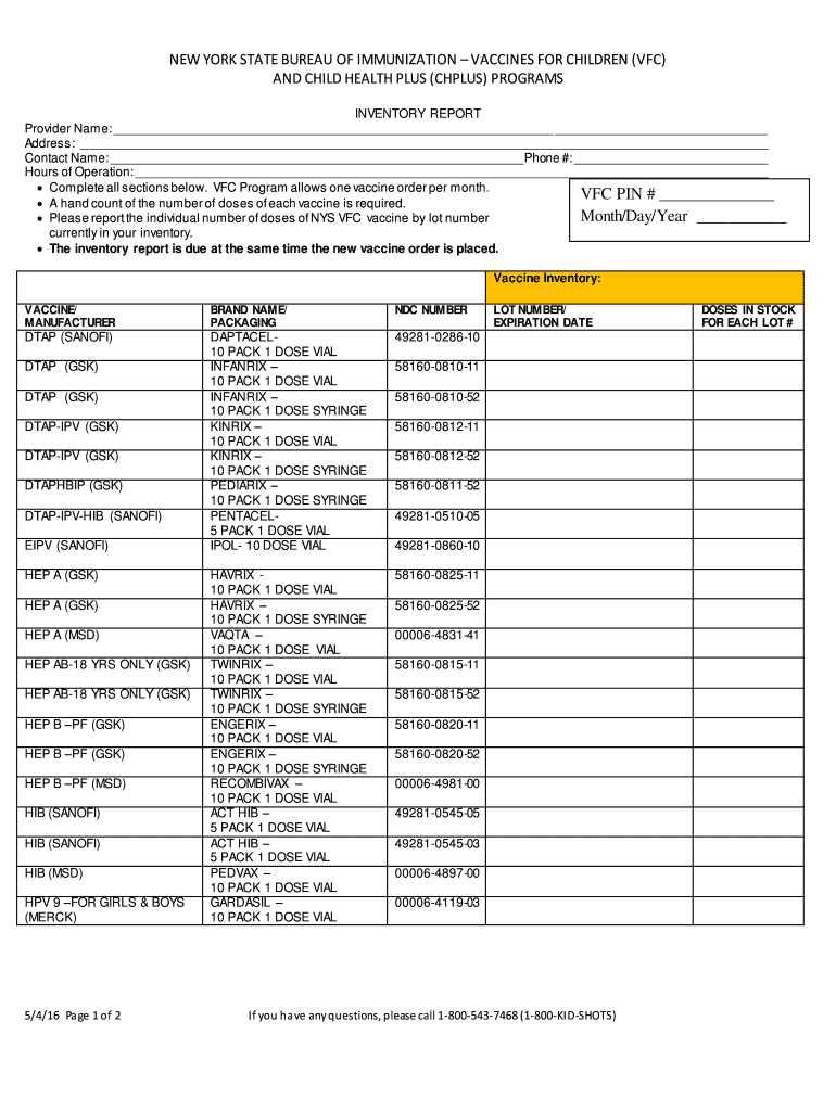 Fillable Online NEW YORK STATE BUREAU OF IMMUNIZATION VACCINES FOR ...