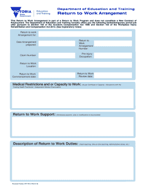 Fillable Online Return to Work Arrangements Form (pdf ... - Department ...