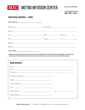 Fillable Online INFUSION ORDERS IRON IRON DOSING - Metro Infusion ...