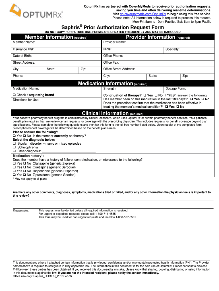 Fillable Online Saphris Prior Authorization Request Form Member ...