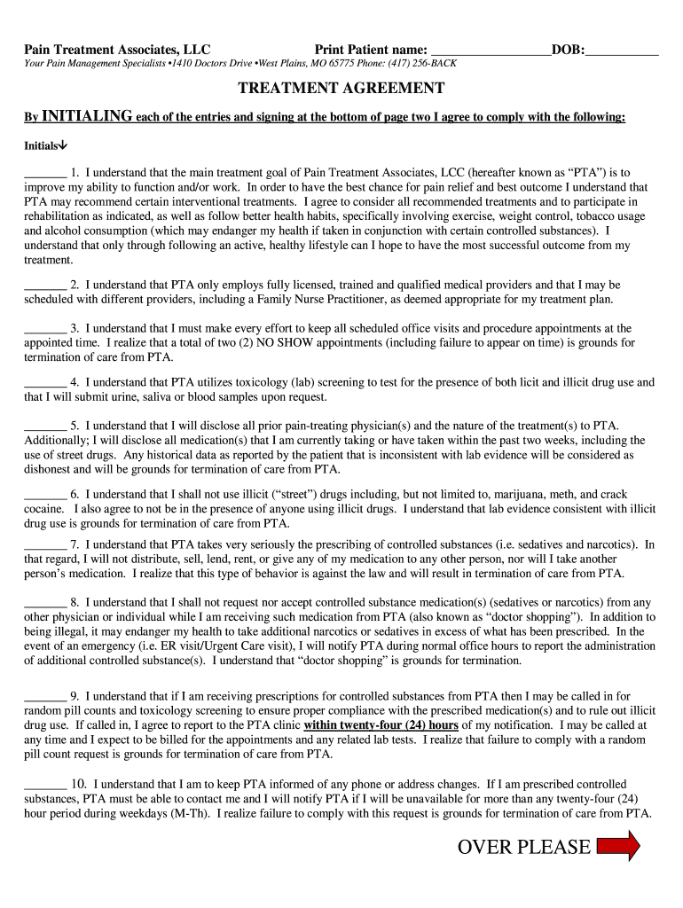 Fillable Online Treatment Agreement - Pain Treatment Associates Fax ...