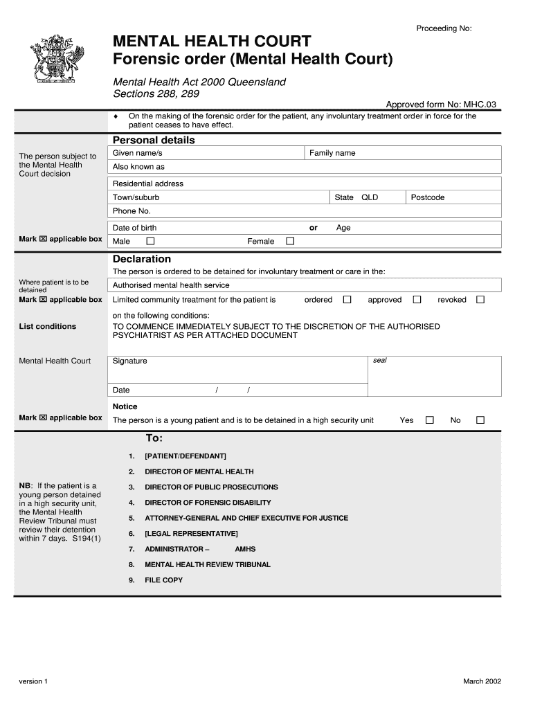 Fillable Online Mental Health Act Form 3 Forensic Order Mental