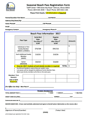Fillable Online Seasonal Beach Pass Registration Form - Glencoe Park ...