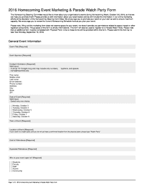 Fillable Online 2016 Homecoming Event Marketing & Parade Watch Party ...