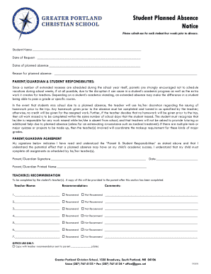 Fillable Online Student Planned Absence Notice - Greater Portland ...