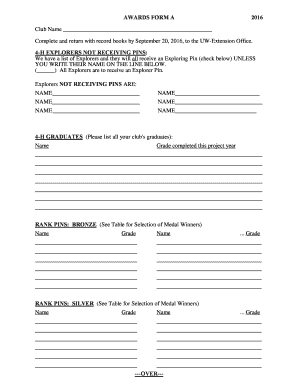 Fillable Online AWARDS FORM A 2016 Club Name Complete and return with ...