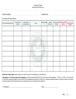 Fillable Online manoa hawaii Select Agent Inventory Log Sheet ...