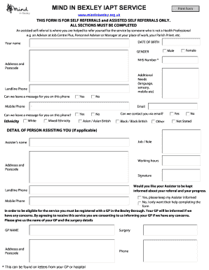 Fillable Online Mind in Bexley IAPT Self Referral Form Fax Email Print ...