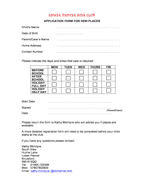 Fillable Online Kids Club application form - Lower Peover School Fax ...