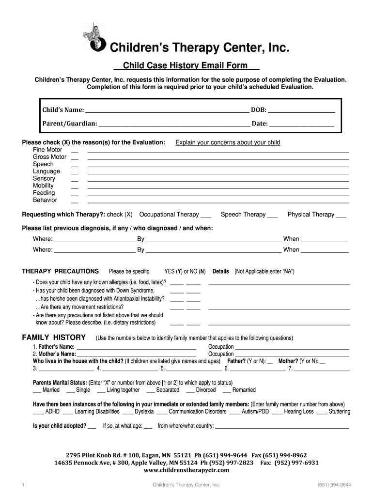 Fillable Online Child History Form - Childrens Therapy Center Fax Email ...