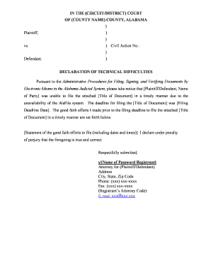 Fillable Online AlaFile - Declaration of Technicial Difficulities Form ...