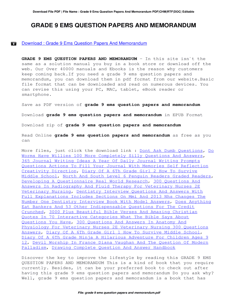 Fillable Online Grade 9 Ems Question Papers And Memorandum. Grade 9 Ems ...