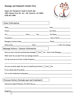Fillable Online Massage and Bodywork Intake Form Client Information ...