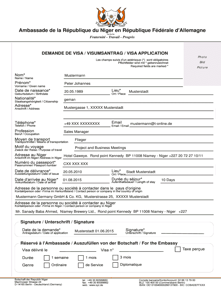 Fillable Online Musterantrag Niger - mein-Visum.de Fax Email Print ...