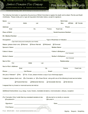 Fillable Online Amherst Cremation Care Company Pre-Arrangement Form Fax ...