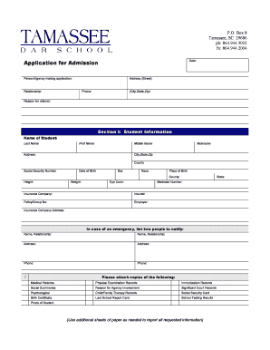 Fillable Online Tamassee DAR School Application for Admission Fax Email ...