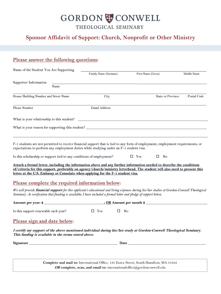 Fillable Online Sponsor Affidavit of Support: Church, Nonprofit or ...
